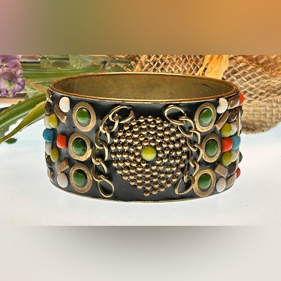 Jewelry | Vintage Tribal Boho Stone Chain Inlay Enameled Wide Brass ...
